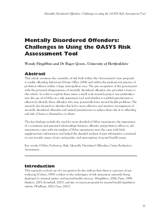 (PDF) Mentally disordered offenders: challenges in using the OASys risk ...