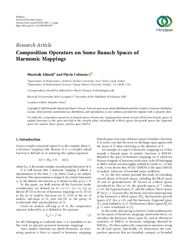 (PDF) Composition Operators on Some Banach Spaces of Harmonic Mappings
