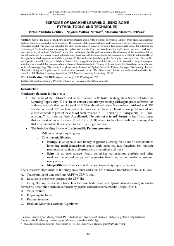 (PDF) Exercise of Machine Learning Using Some Python Tools and Techniques