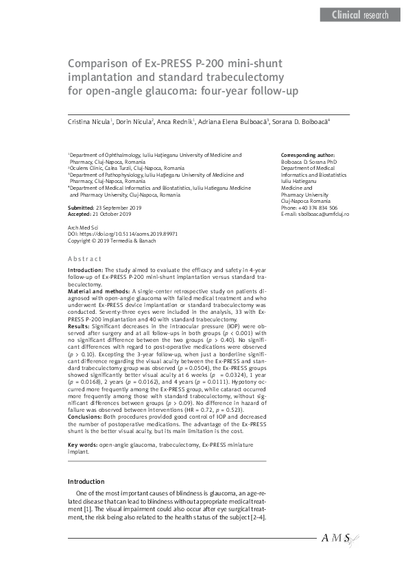 (PDF) Comparison of Ex-PRESS P-200 mini-shunt implantation and standard ...