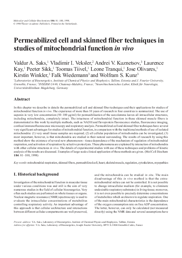 (PDF) Permeabilized cell and skinned fiber techniques in studies of ...