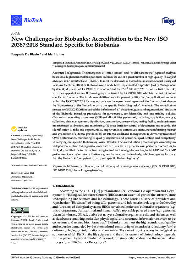 (PDF) New Challenges for Biobanks: Accreditation to the New ISO 20387:2018 Standard Specific for ...