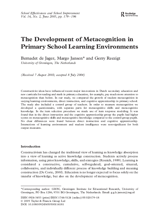 (PDF) The Development of Metacognition in Primary School Learning ...
