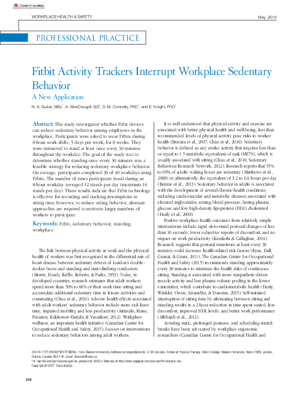 (PDF) Fitbit Activity Trackers Interrupt Workplace Sedentary Behavior: A New Application