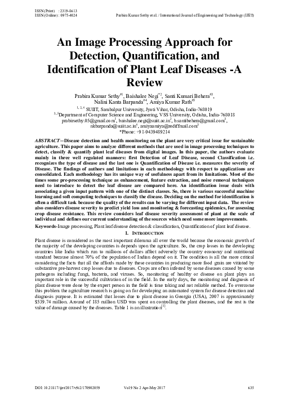 (PDF) An Image Processing Approach for Detection, Quantification, and Identification of Plant ...