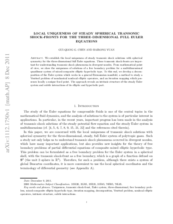 Pdf Local Uniqueness Of Steady Spherical Transonic Shock Fronts For