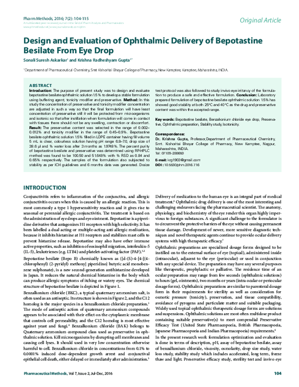 (PDF) Design and Evaluation of Ophthalmic Delivery of Bepotastine ...