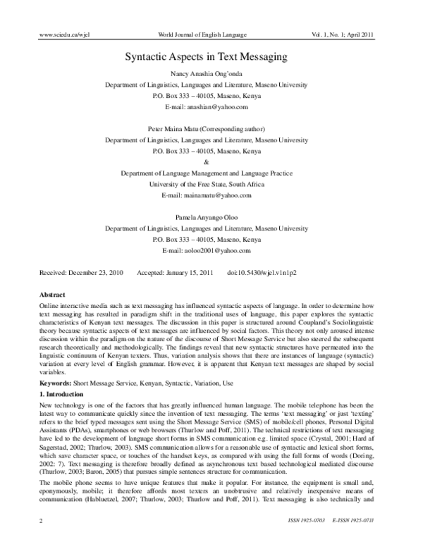 (PDF) Syntactic Aspects in Text Messaging