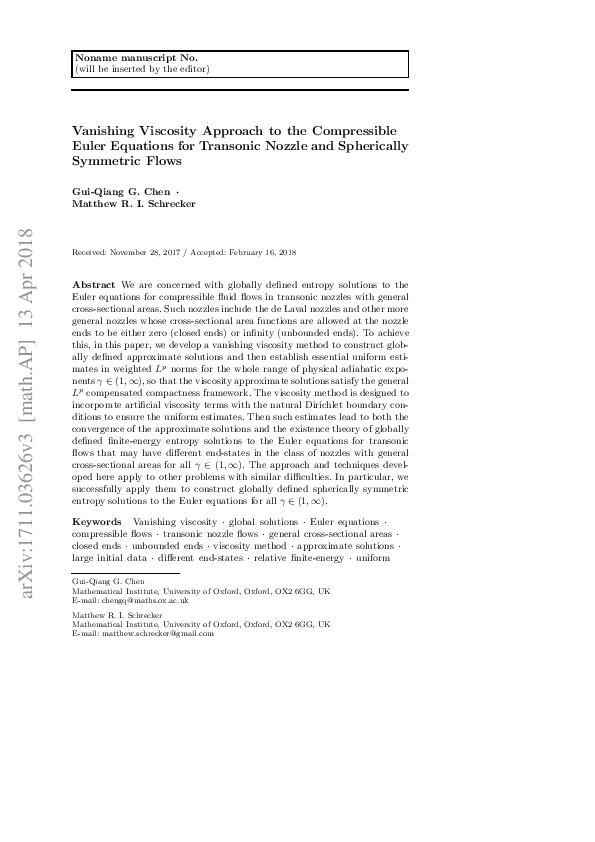 (PDF) Vanishing Viscosity Approach to the Compressible Euler Equations for Transonic Nozzle and ...