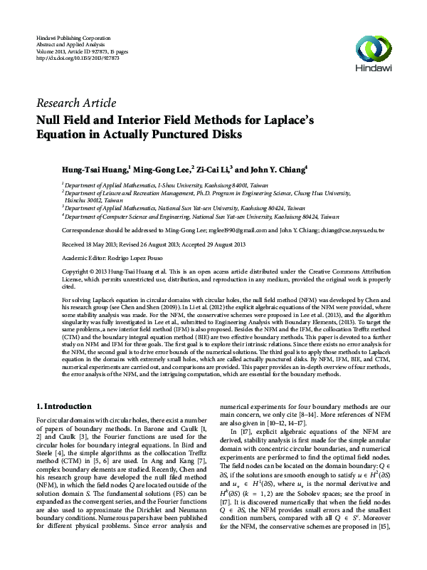(PDF) Null Field and Interior Field Methods for Laplace’s Equation in Actually Punctured Disks