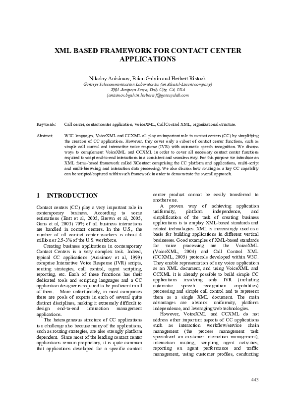 Pdf Xml Based Framework For Contact Center Applications