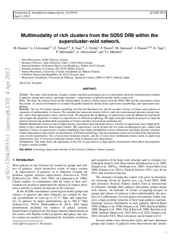 (PDF) Multimodality of rich clusters from the SDSS DR8 within the ...