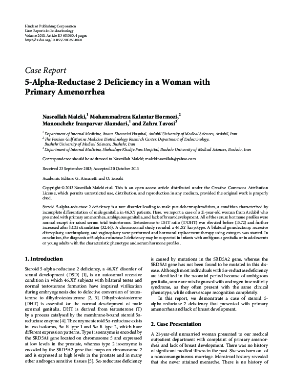 (PDF) 5-Alpha-Reductase 2 Deficiency in a Woman with Primary Amenorrhea