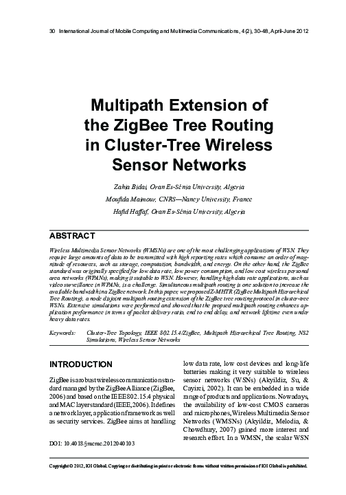 Pdf Multipath Extension Of The Zigbee Tree Routing In Cluster Tree Wireless Sensor Networks
