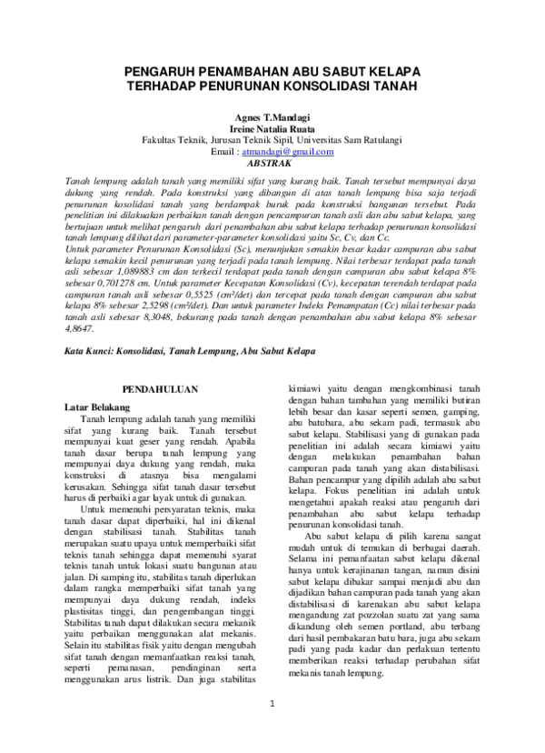 (PDF) PENGARUH PENAMBAHAN ABU SABUT KELAPA TERHADAP PENURUNAN KONSOLIDASI TANAH