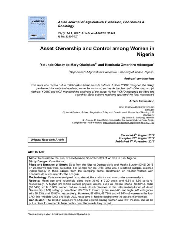 (PDF) Asset Ownership and Control among Women in Nigeria