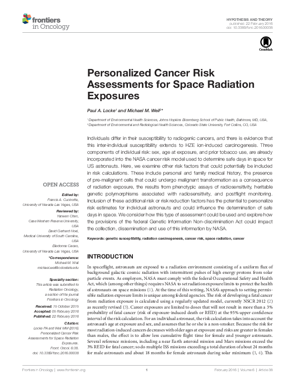 (PDF) Personalized Cancer Risk Assessments for Space Radiation Exposures