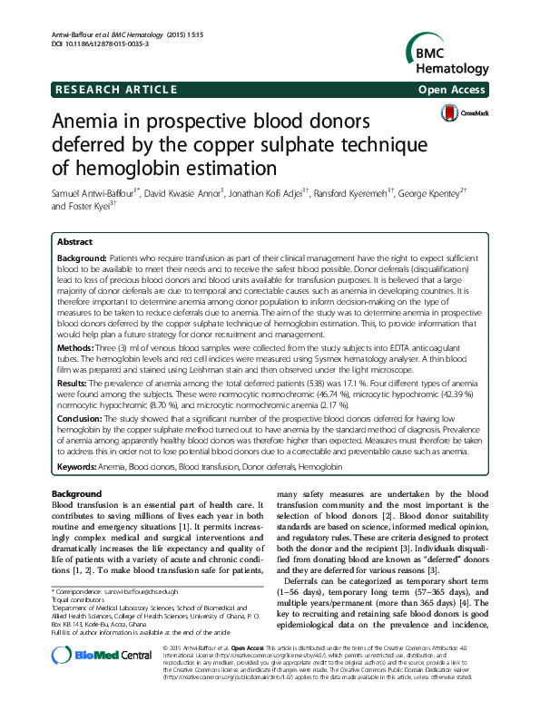 (PDF) Anemia in prospective blood donors deferred by the copper ...