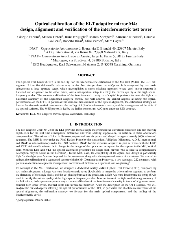 (PDF) Optical calibration of the ELT adaptive mirror M4: design ...