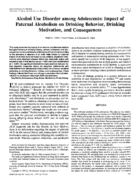 (PDF) Alcohol Use Disorder among Adolescents: Impact of Paternal Alcoholism on Drinking Behavior ...