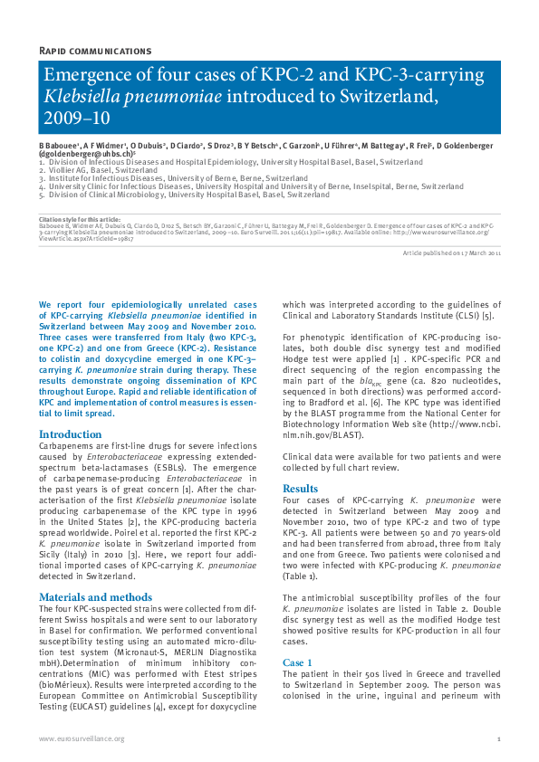 (PDF) Emergence of four cases of KPC-2 and KPC-3-carrying Klebsiella ...
