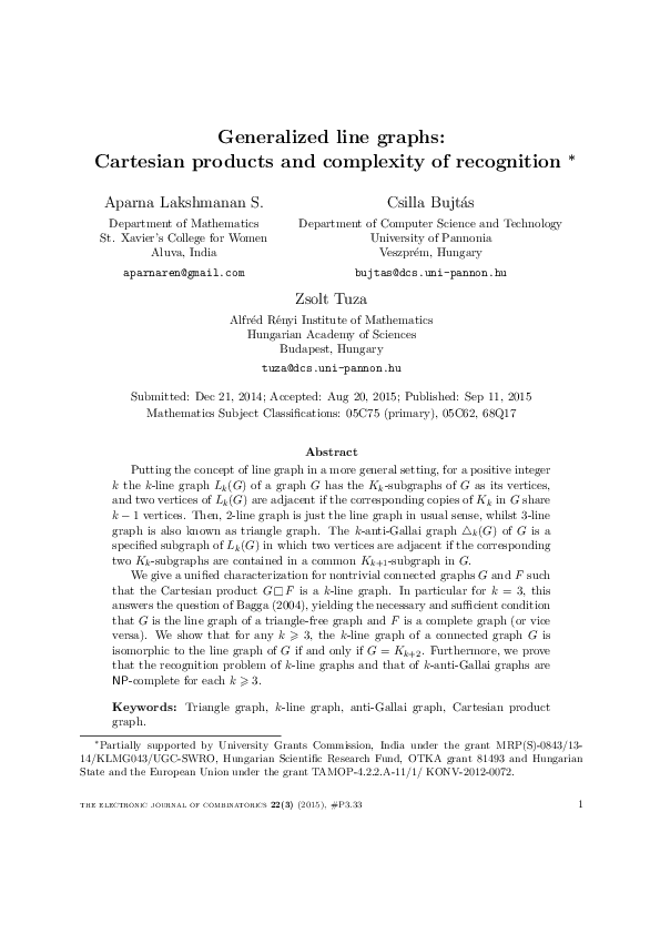 (PDF) Generalized Line Graphs: Cartesian Products and Complexity of ...