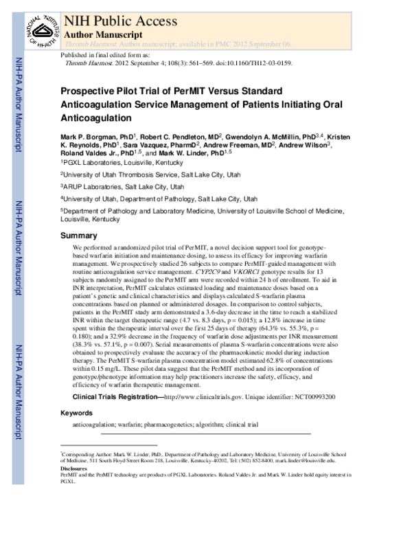 (PDF) Prospective pilot trial of PerMIT versus standard anticoagulation ... (PDF) Prospective pilot trial of PerMIT versus standard anticoagulation ...