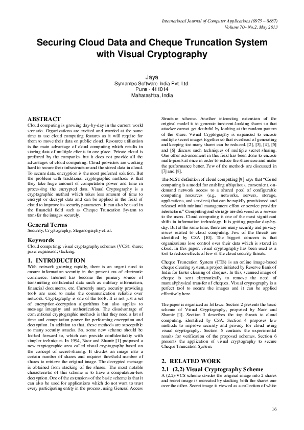 (PDF) Securing Cloud Data and Cheque Truncation System with Visual Cryptography