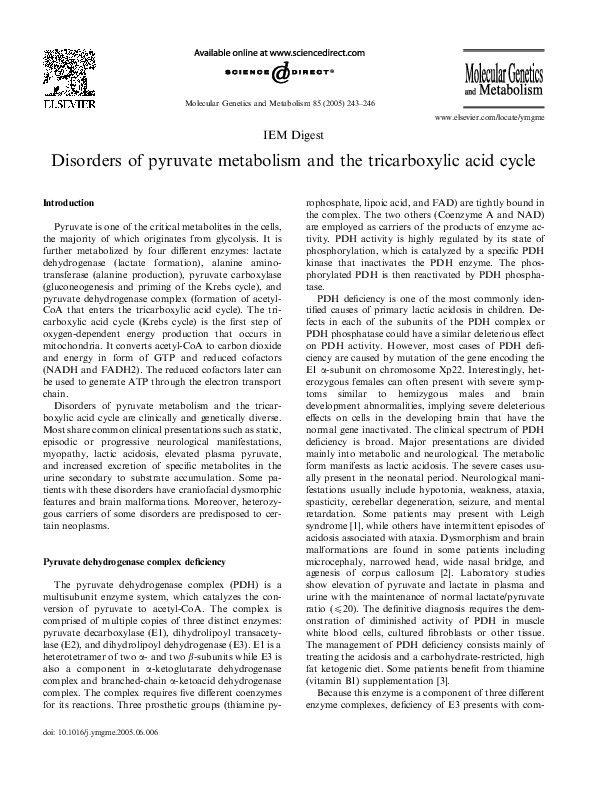 (PDF) Disorders of pyruvate metabolism and the tricarboxylic acid cycle