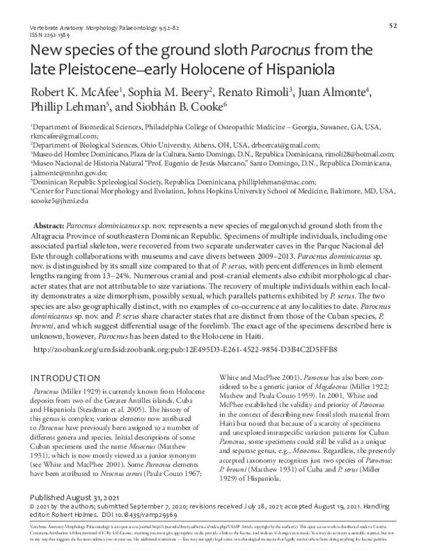 (PDF) New species of the ground sloth Parocnus from the late ...