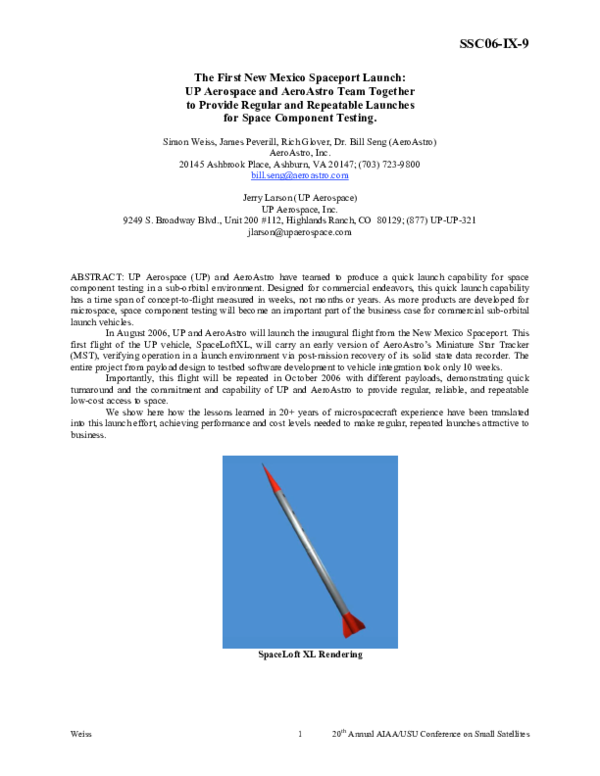 (PDF) The First New Mexico Spaceport Launch: UP Aerospace and AeroAstro ...