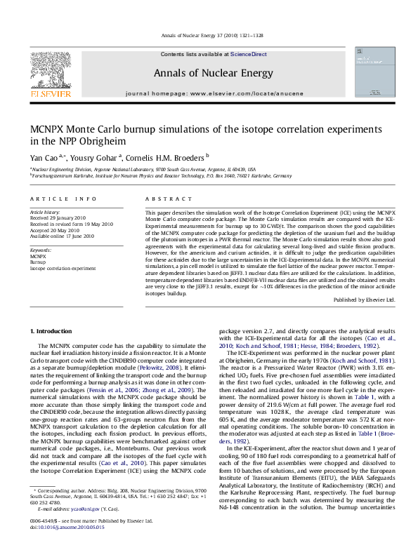 (PDF) MCNPX Monte Carlo burnup simulations of the isotope correlation experiments in the NPP ...
