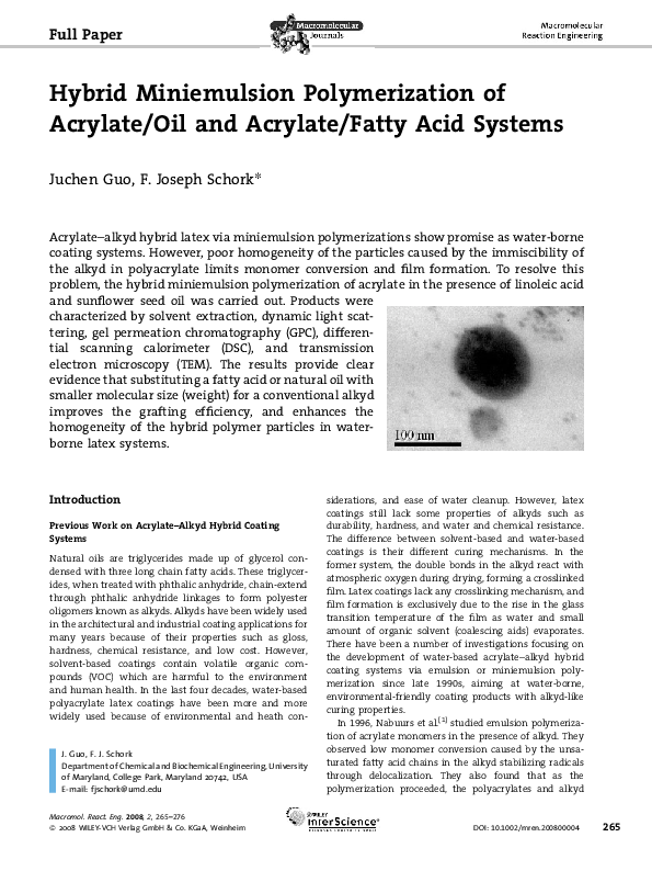 (PDF) Hybrid Miniemulsion Polymerization of Acrylate/Oil and Acrylate ...