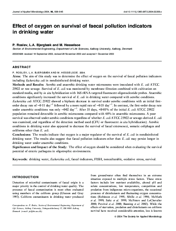 (PDF) Effect of oxygen on survival of faecal pollution indicators in ...