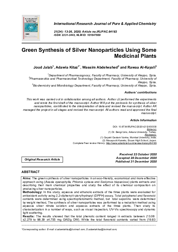 (PDF) Green Synthesis of Silver Nanoparticles Using Some Medicinal Plants