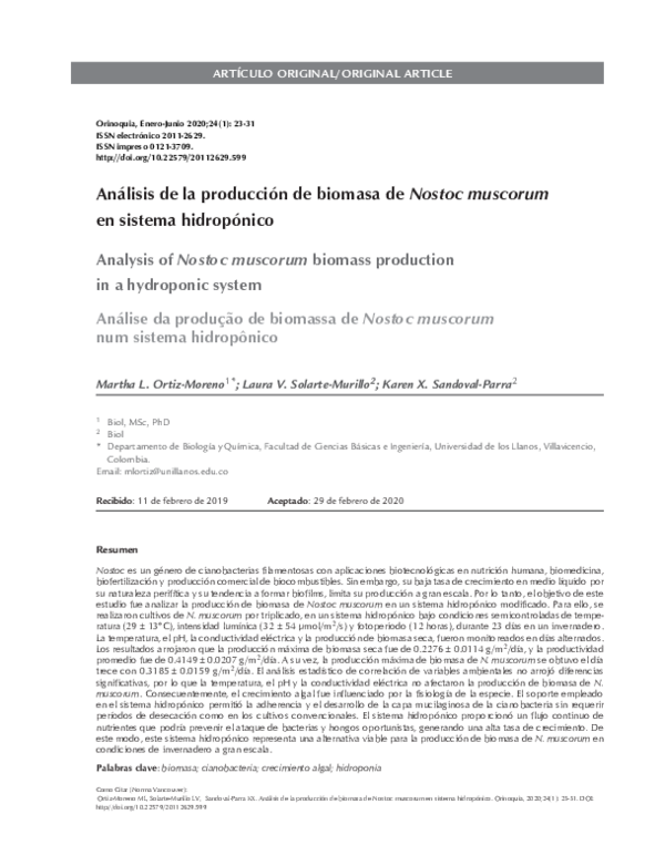 (PDF) Analysis of Nostoc muscorum biomass production in a hydroponic system