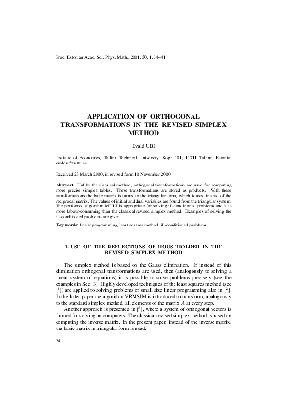(PDF) Application of Orthogonal Transformations in the Revised Simplex ... (PDF) Application of Orthogonal Transformations in the Revised Simplex ...