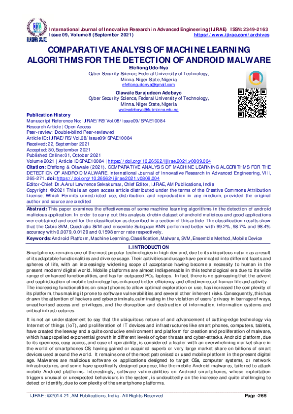 Pdf Comparative Analysis Of Machine Learning Algorithms For The Detection Of Android Malware