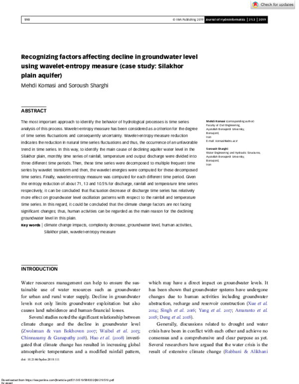 (PDF) Recognizing factors affecting decline in groundwater level using wavelet-entropy measure ...