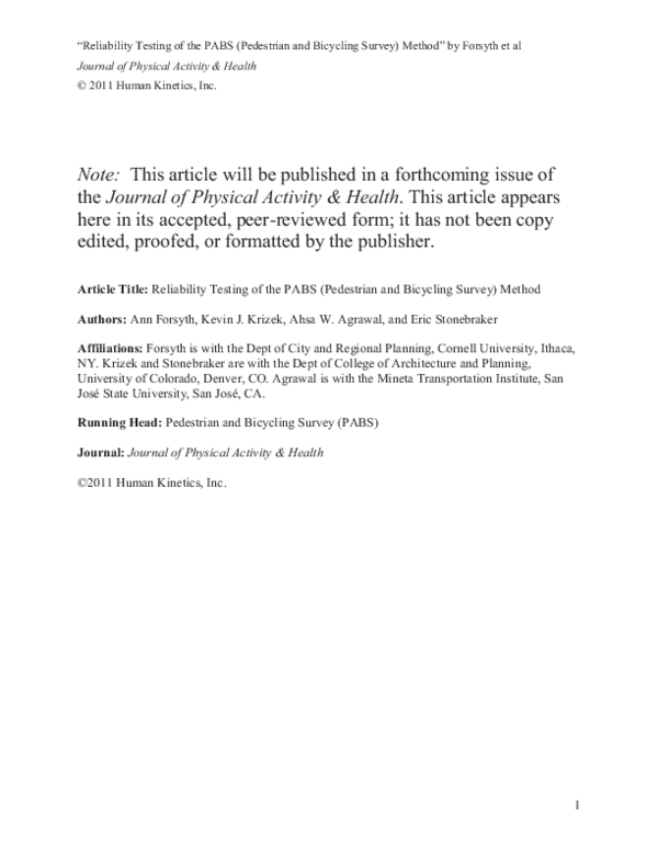 (PDF) Reliability testing of the Pedestrian and Bicycling Survey (PABS ...
