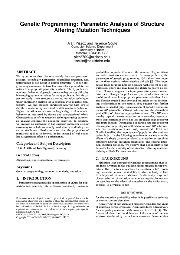 Pdf Genetic Programming Parametric Analysis Of Structure Altering Mutation Techniques
