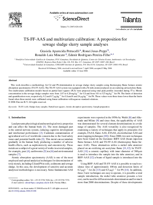 Pdf Ts Ff Aas And Multivariate Calibration A Proposition For Sewage Sludge Slurry Sample Analyses