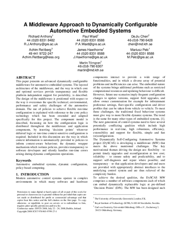 (PDF) A Middleware Approach to Dynamically Configurable Automotive Embedded Systems