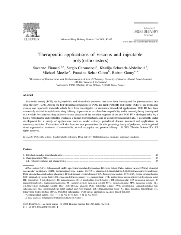 (PDF) Therapeutic applications of viscous and injectable poly(ortho esters)