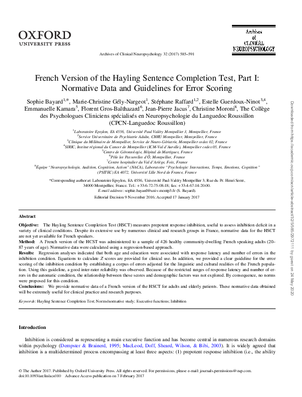 (PDF) French Version of the Hayling Sentence Completion Test, Part I ...