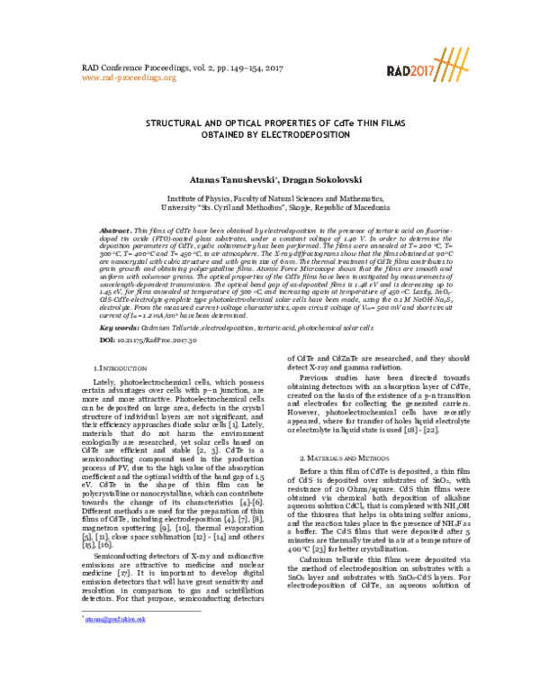 (PDF) STRUCTURAL AND OPTICAL PROPERTIES OF CdTe THIN FILMS OBTAINED BY ELECTRODEPOSITION