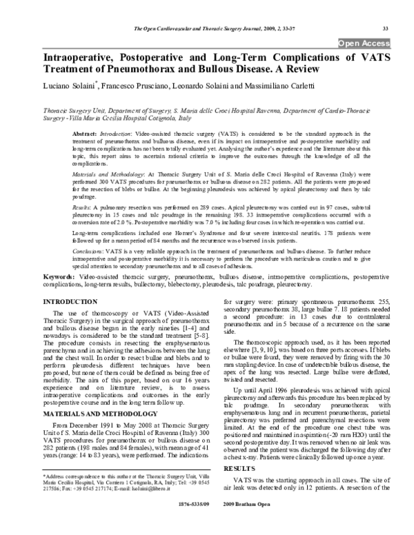 (PDF) Intraoperative, Postoperative and Long-Term Complications of VATS ...