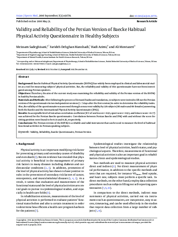 (PDF) Validity and Reliability of the Persian Version of Baecke Habitual Physical Activity ...