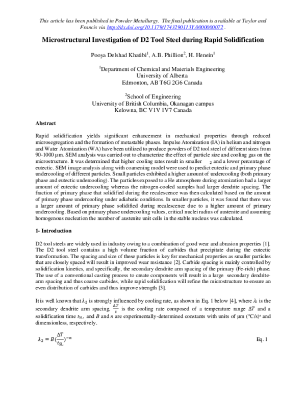 (PDF) Microstructural investigation of D2 tool steel during rapid solidification