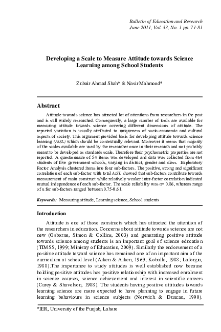 (PDF) Developing a Scale to Measure Attitude towards Science Learning ...